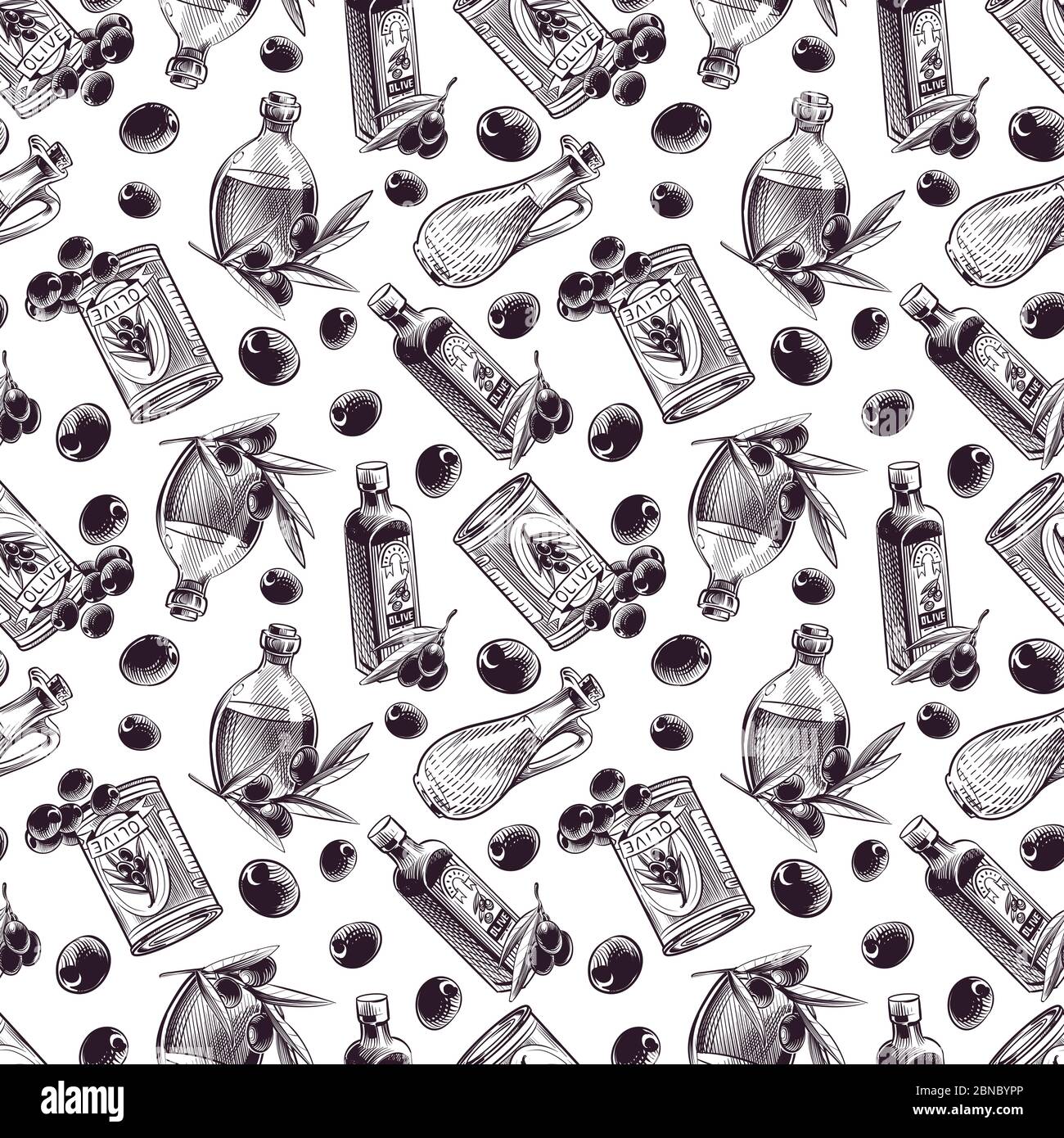 Hand drawn olives seamless pattern. Olive oil vector background ...