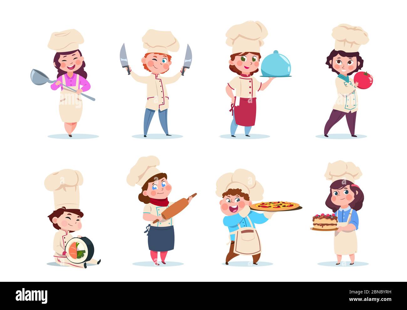 Chef kids. Little smiling boy and girl kitchen workers with dishes and ...