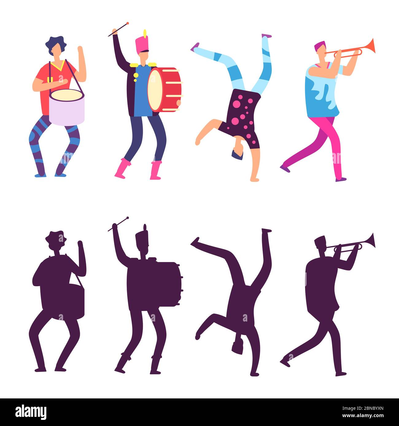 Happy men in bright clothes with musical instruments isolated on white ...