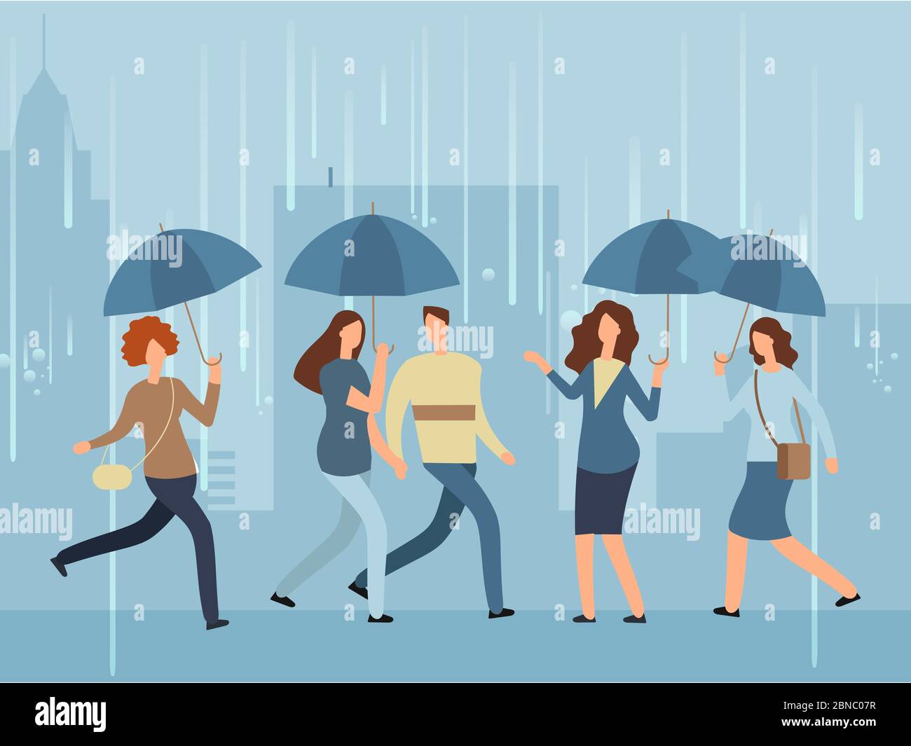 Cartoon people with umbrella walking the street in rainy day. Vector person with umbrella in ...