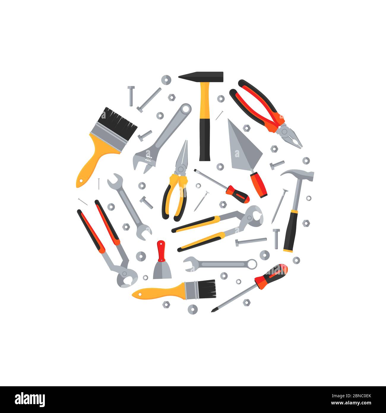 Repair and construction tools flat icons round concept isolated on ...