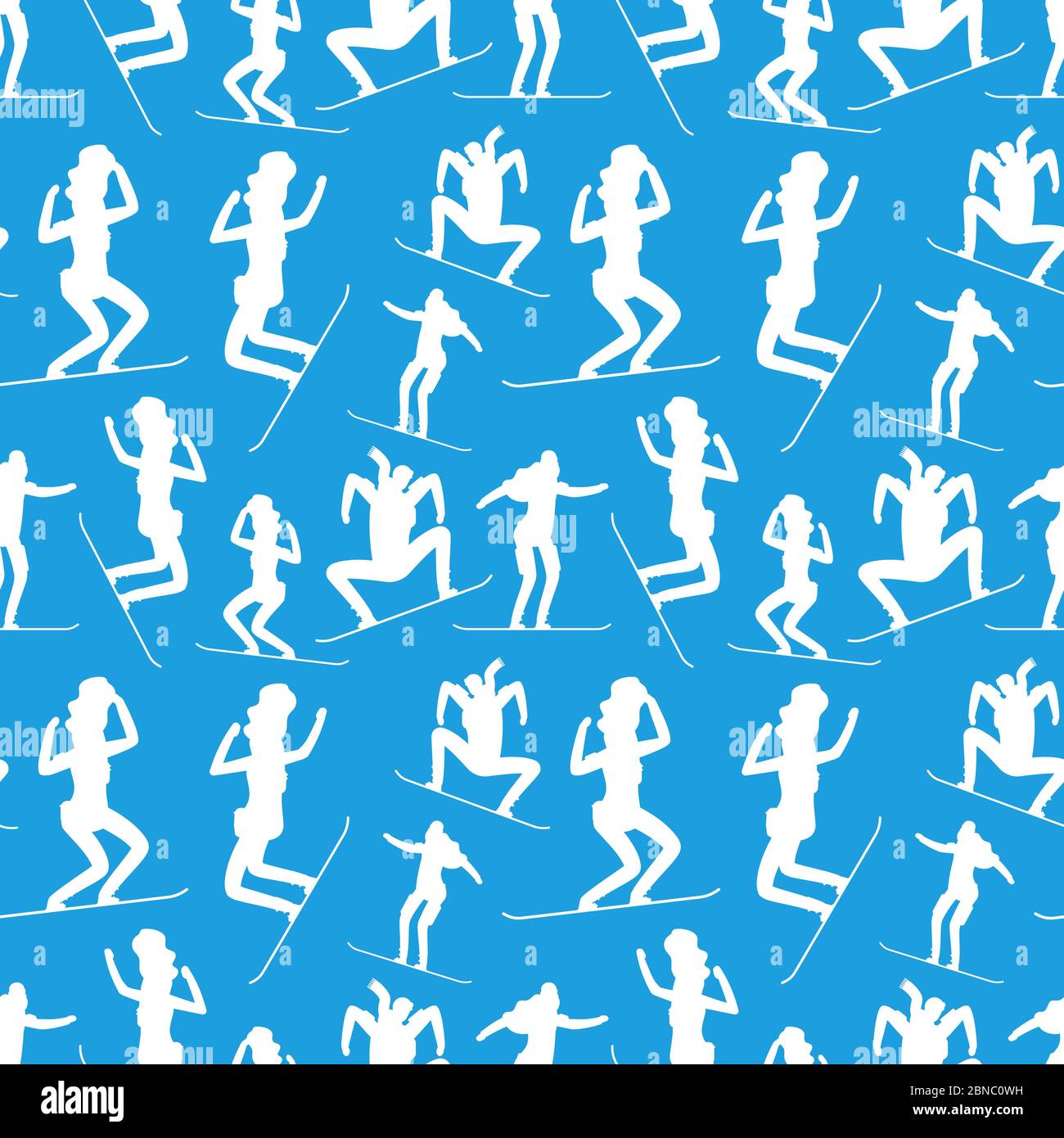 White silhouettes of snowboarding people seamless pattern. Winter sport ...