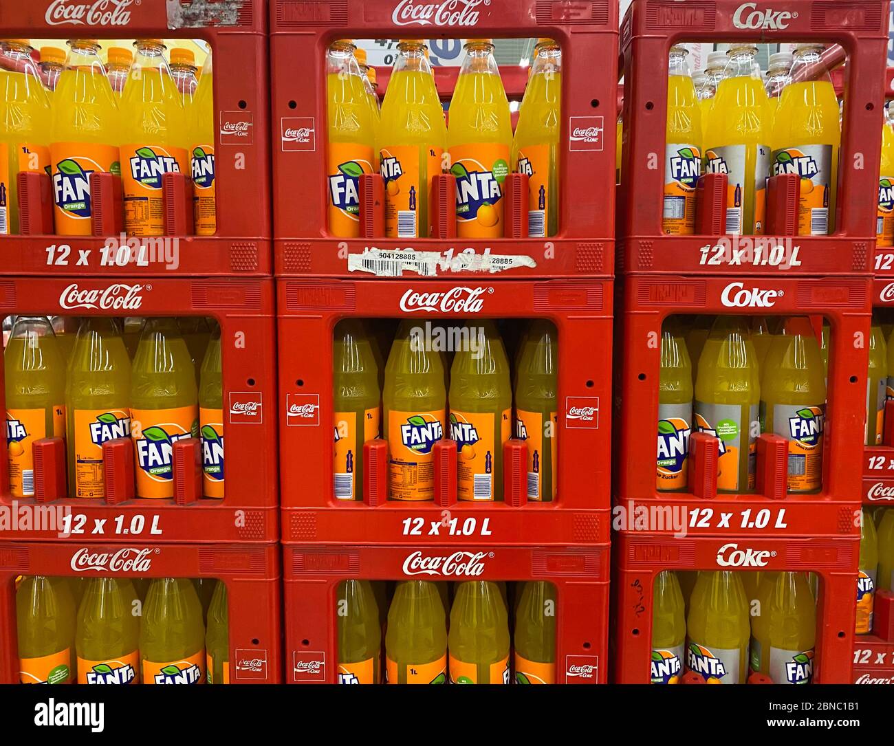 Tönisvorst, Germany - May 14. 2020: View on isolated stacked red Coca ...