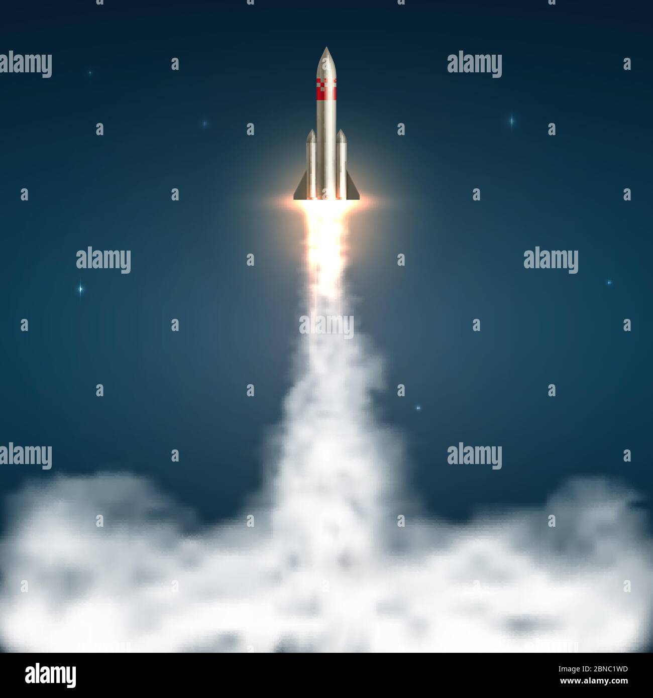 Space rocket launch. Spaceship take off with fire and jet smoky trail ...