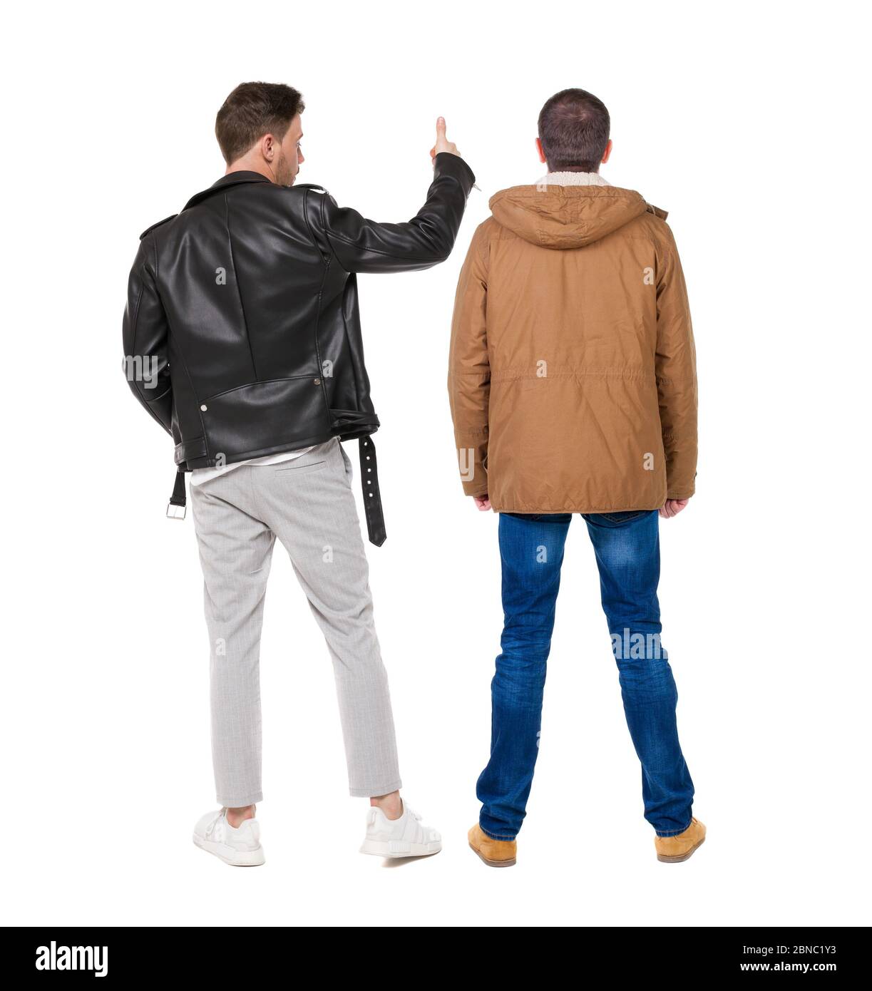 Back view two man in sweater showing thumb up. Rear view people ...