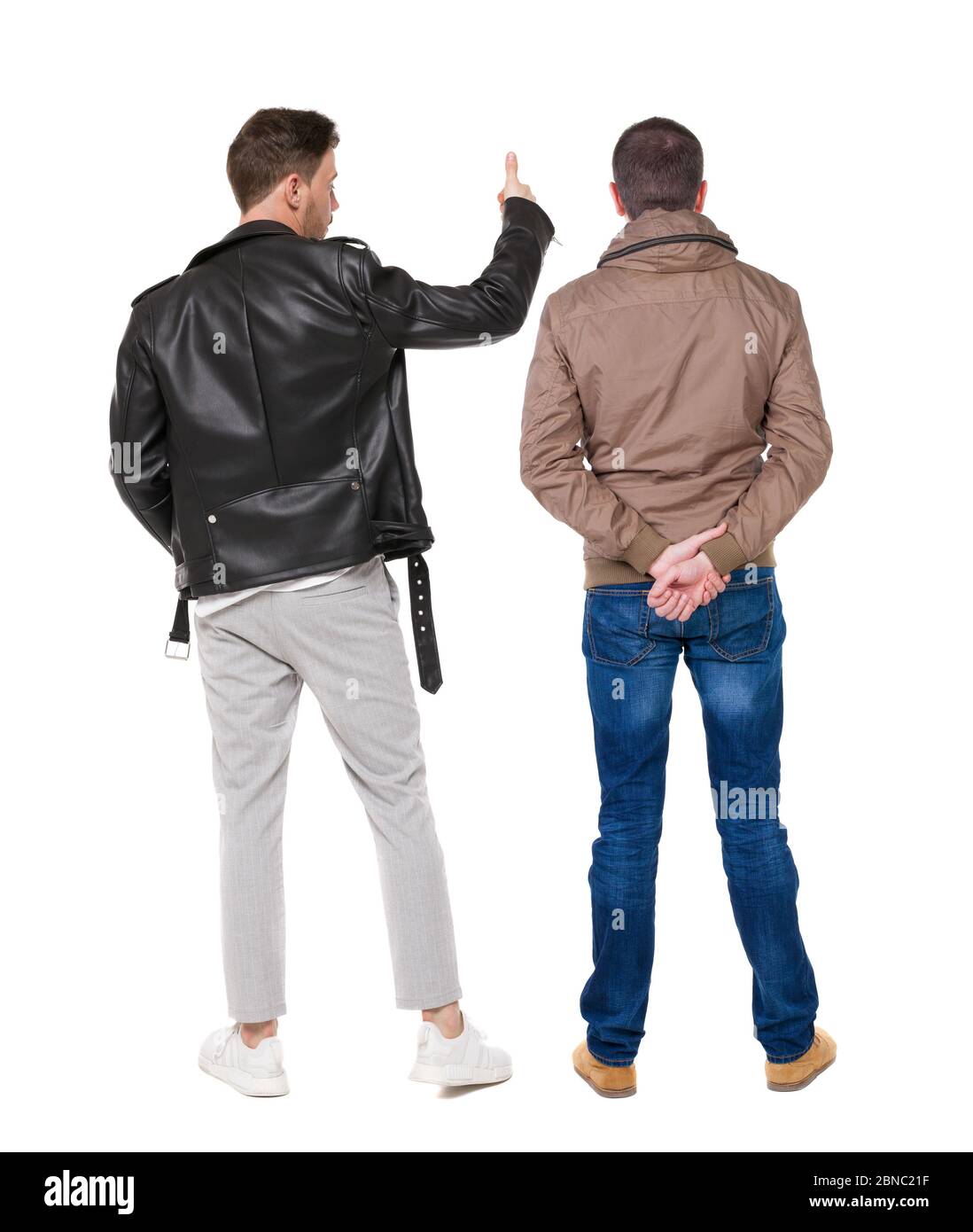 Back view two man in sweater showing thumb up. Rear view people ...