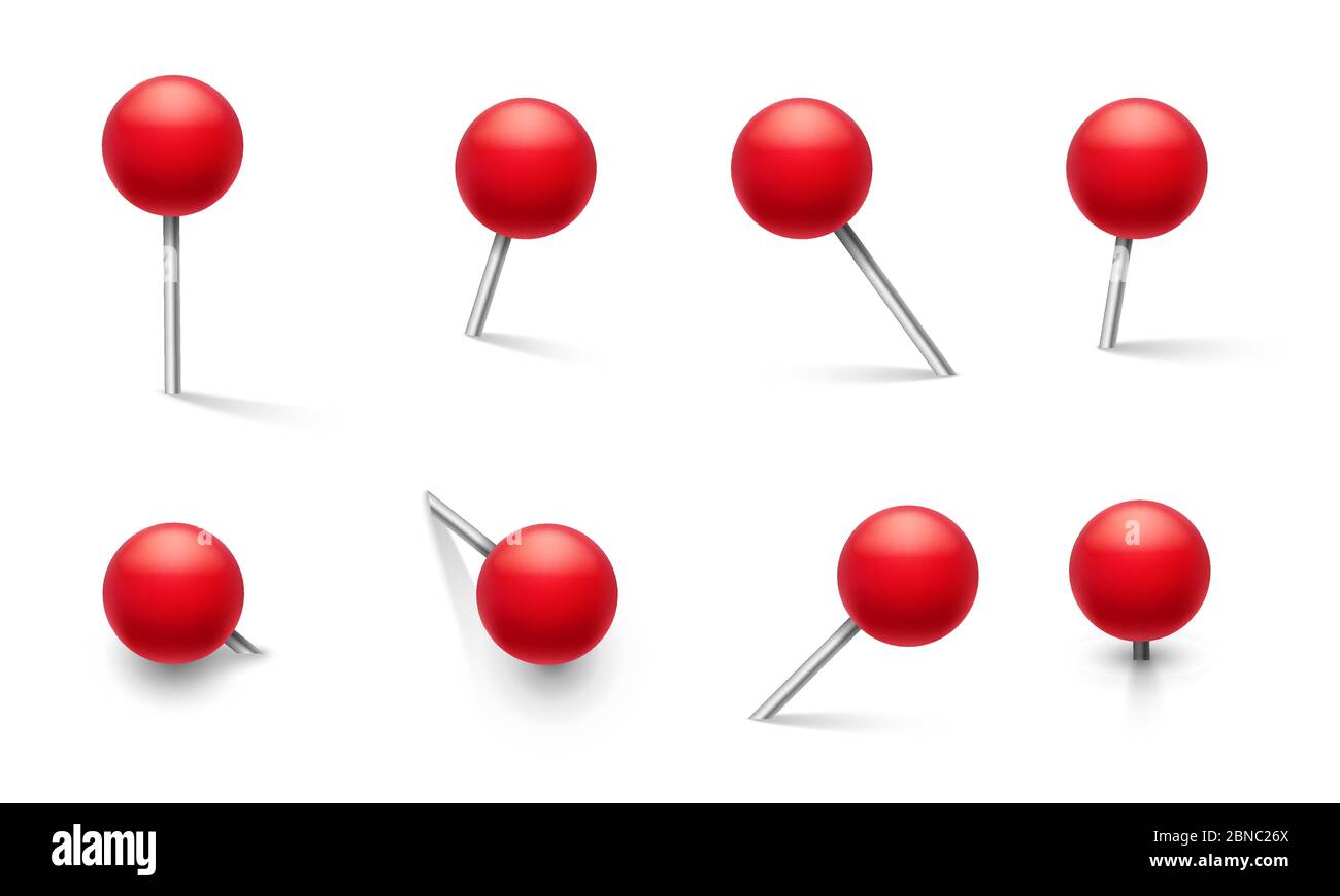 Push pins. Metal pin with plastic round red knob, thumbtack in ...