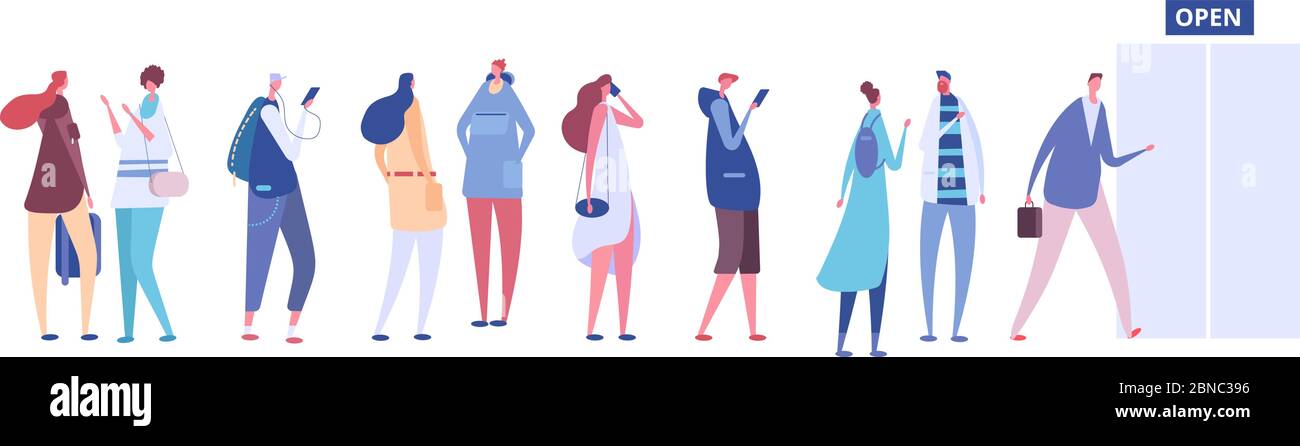 People in queue. Men and women in casual clothes, persons in line ...