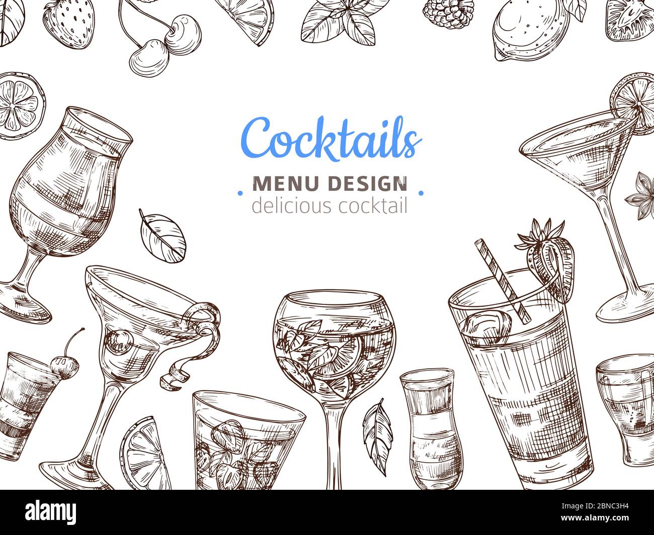 Hand drawn cocktail background. Engraving cocktails alcoholic drinks ...