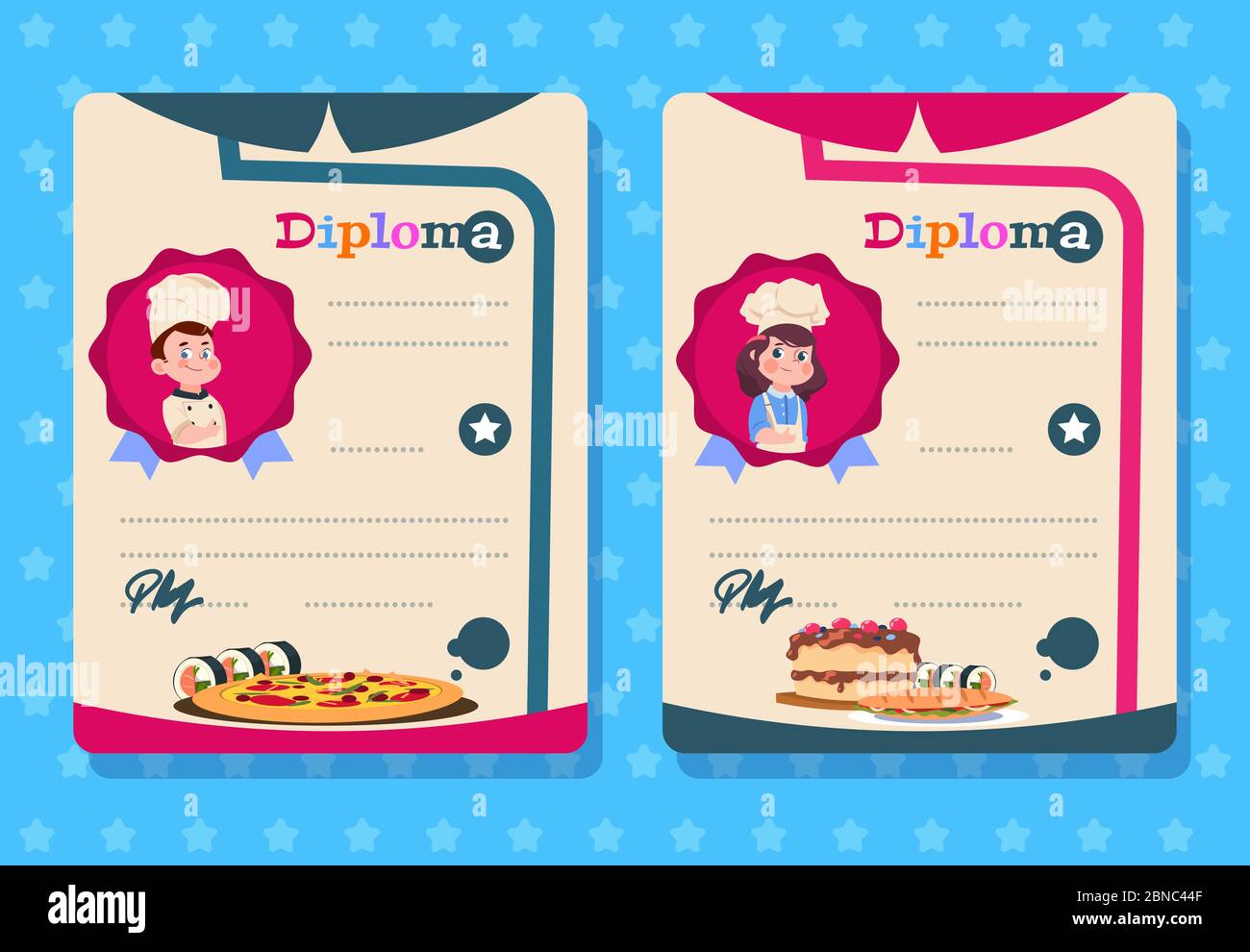 Cooking class diploma. Young girl and boy cook kid with apron, kitchen ...