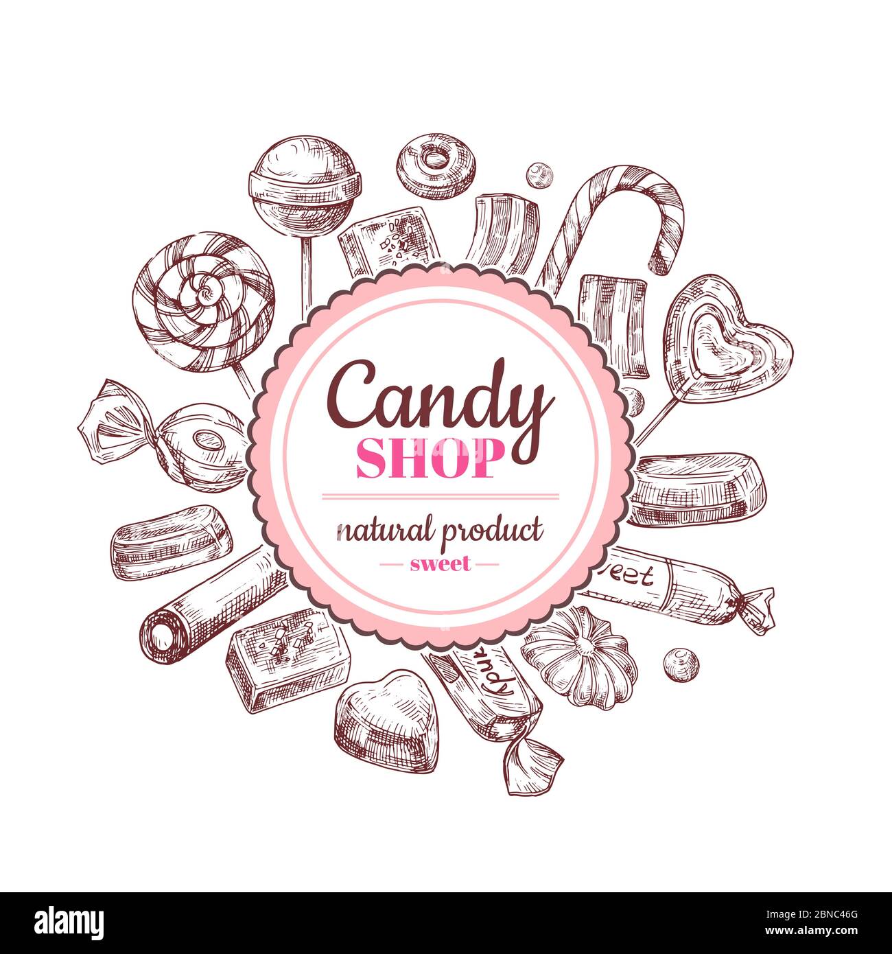 Candy shop background. Sketch chocolate candy, lollipop and marmalade ...