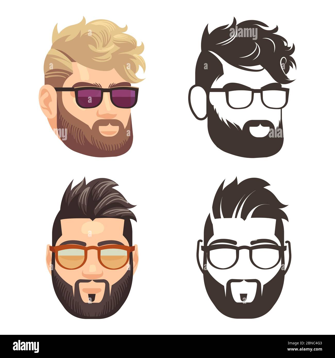 Cartoon and silhouette bearded hipster man isolated on white background ...