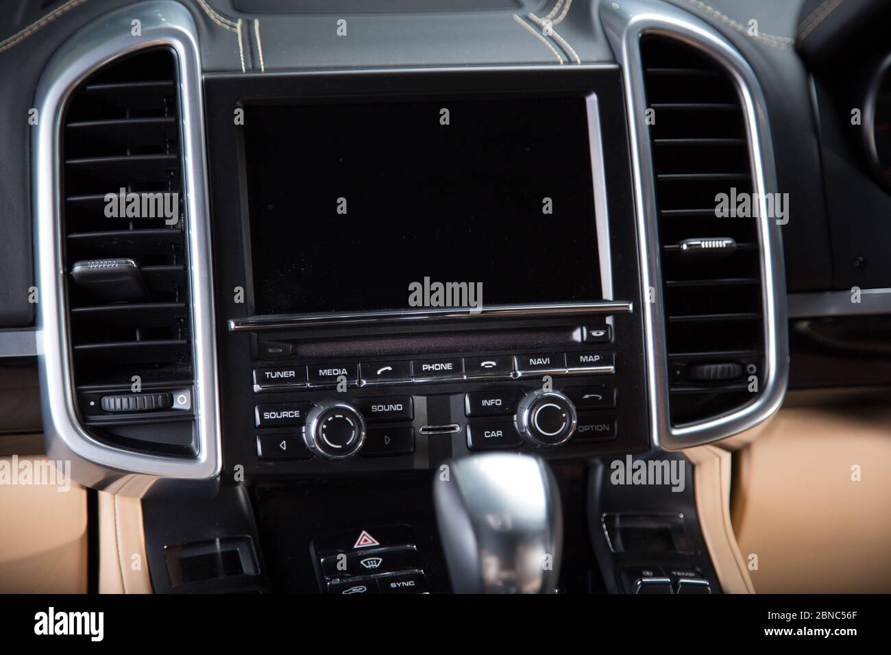 Control panel details of a luxury car with black interior Stock Photo ...