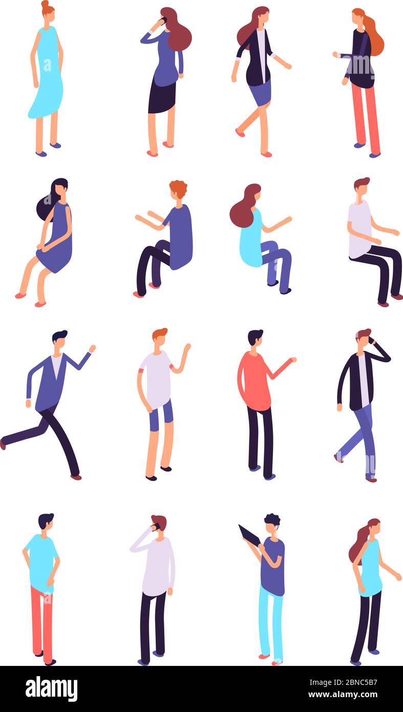 Isometric people. Cartoon sitting and standing persons. 3d men and ...