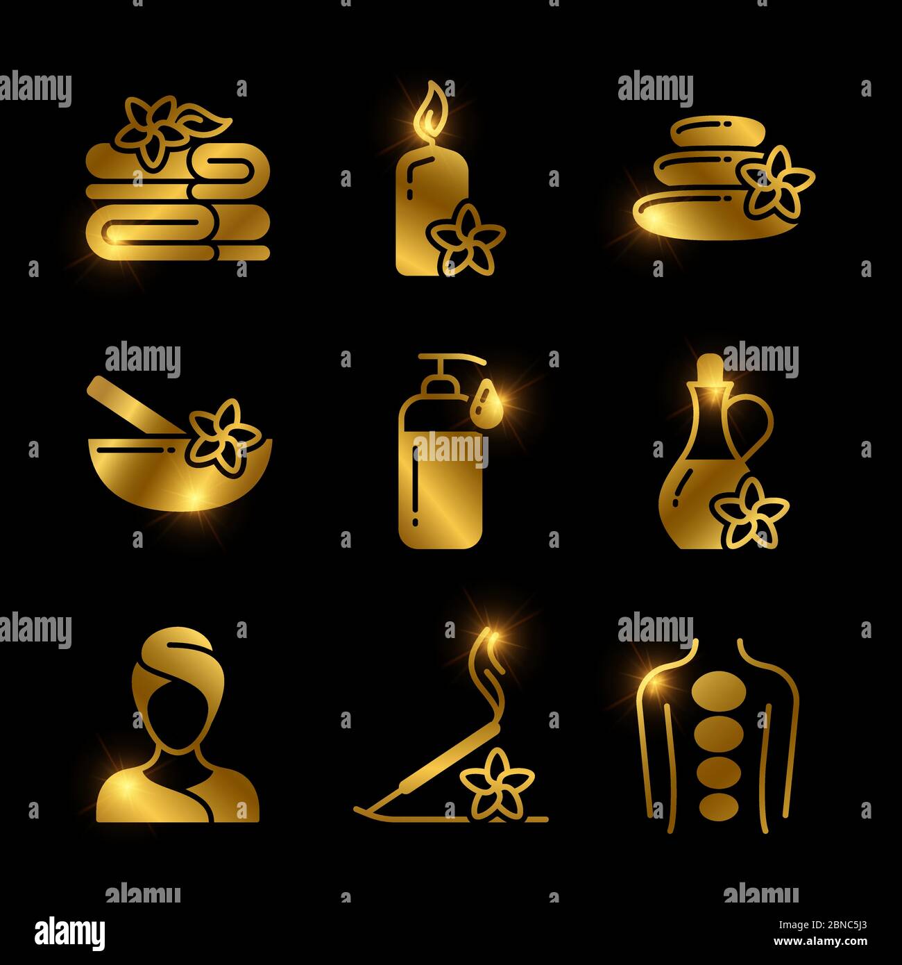 Golden Spa Massage Relaxing Vector Icons Of Set Isolated On Black Illustration Stock Vector