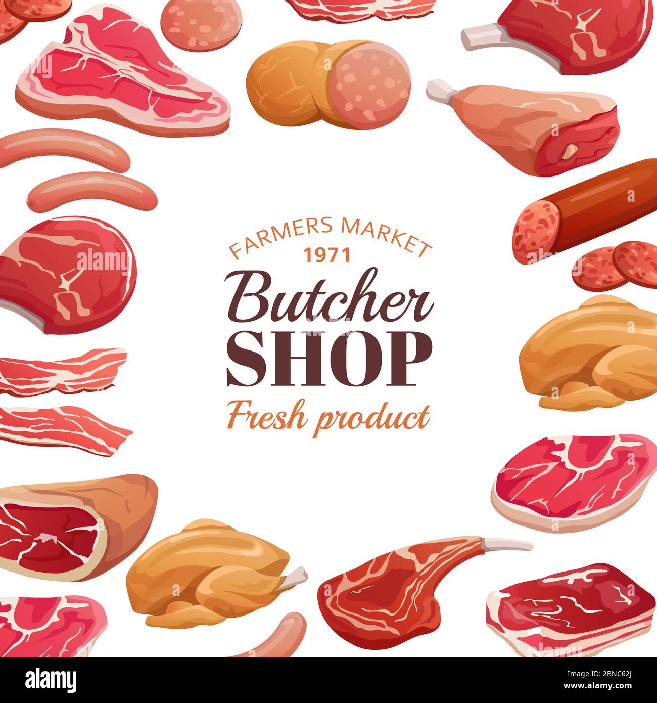 Butchery poster. Fresh meat raw, beef steak and pork ham. Meat product ...