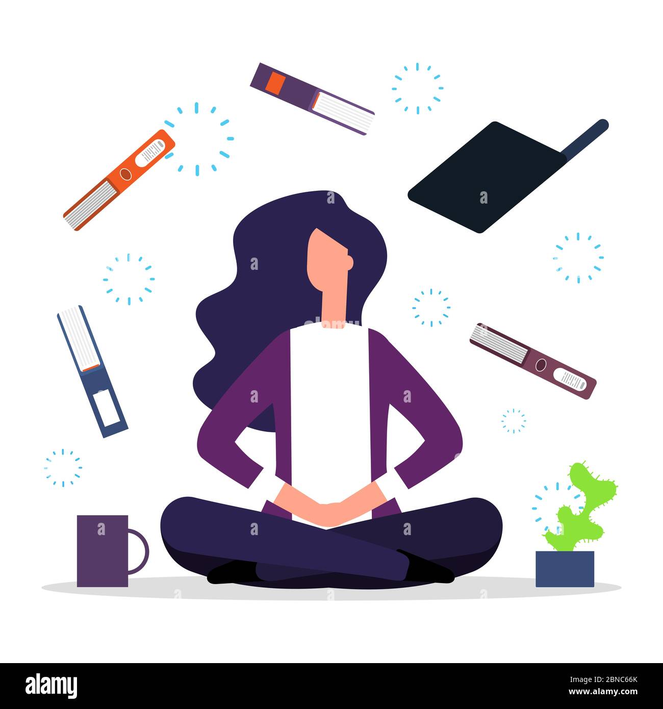 Office meditation. Concentration at workspace vector illustration ...
