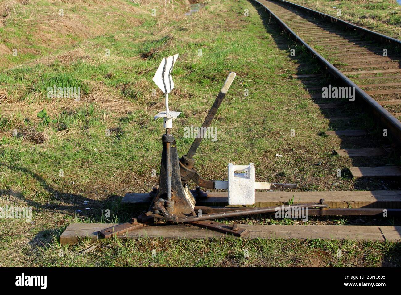 Railway arrow in black with a lever and pointer in Russia. The device ...