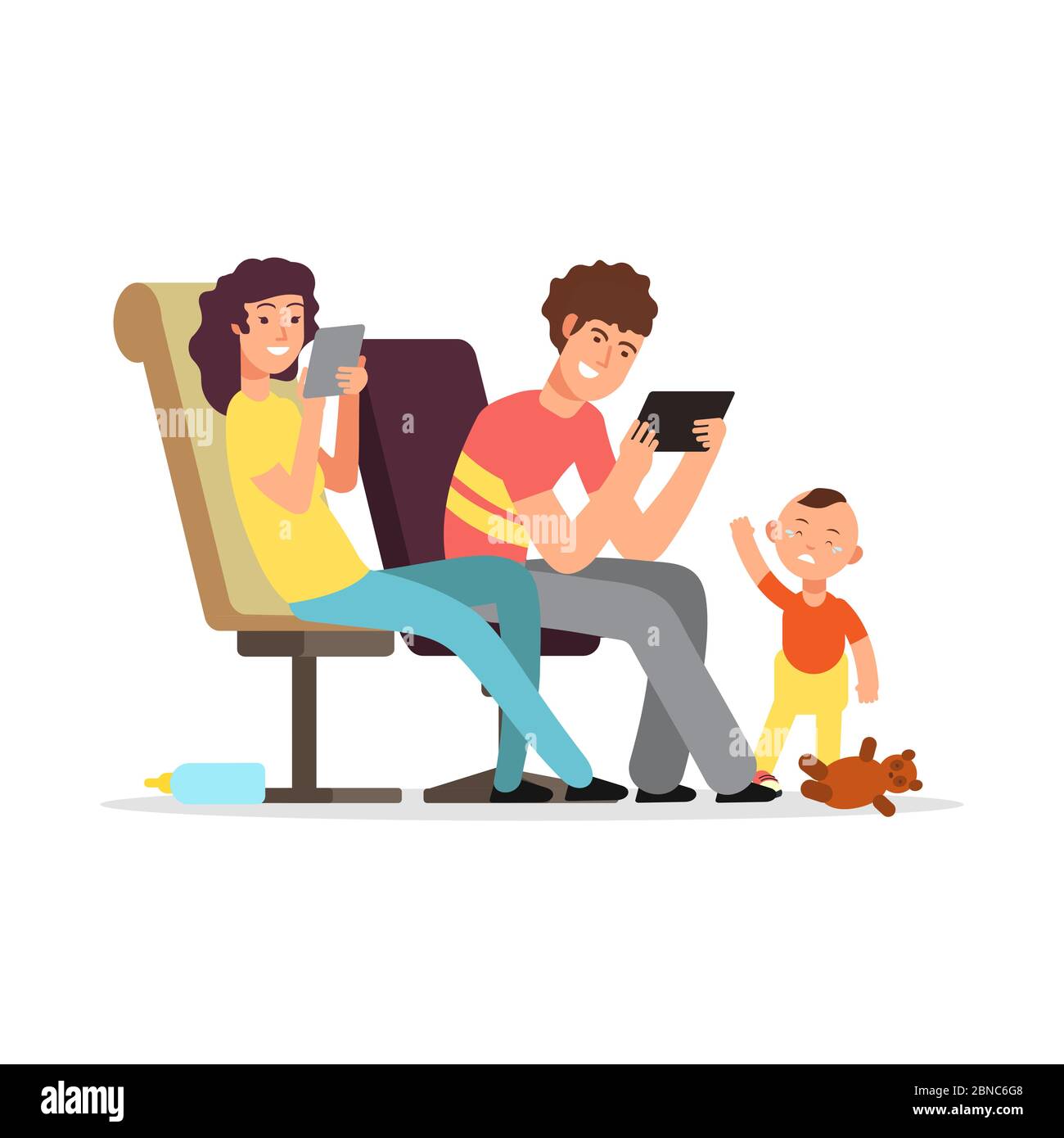 Young parents do not pay attention to child vector illustration. Parent ...
