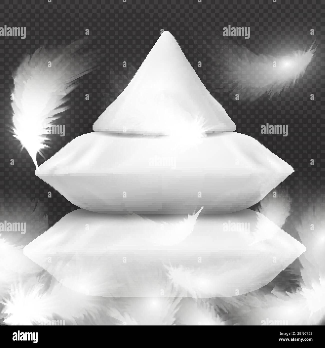 White realistic pillows and flying feathers isolated on transparent ...