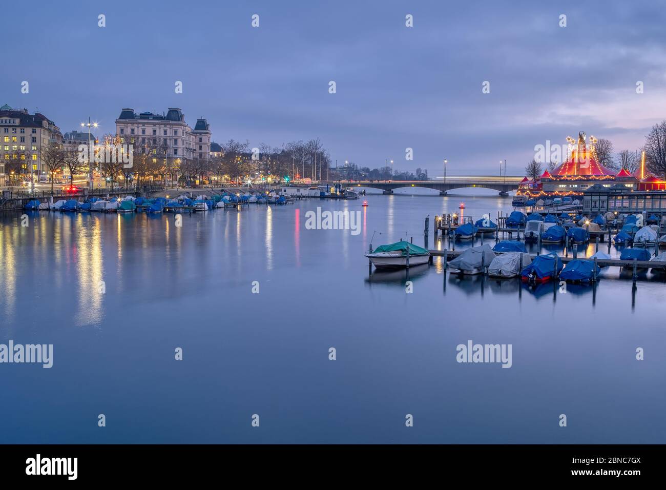 View of Zurich city center with famous historical houses and river ...