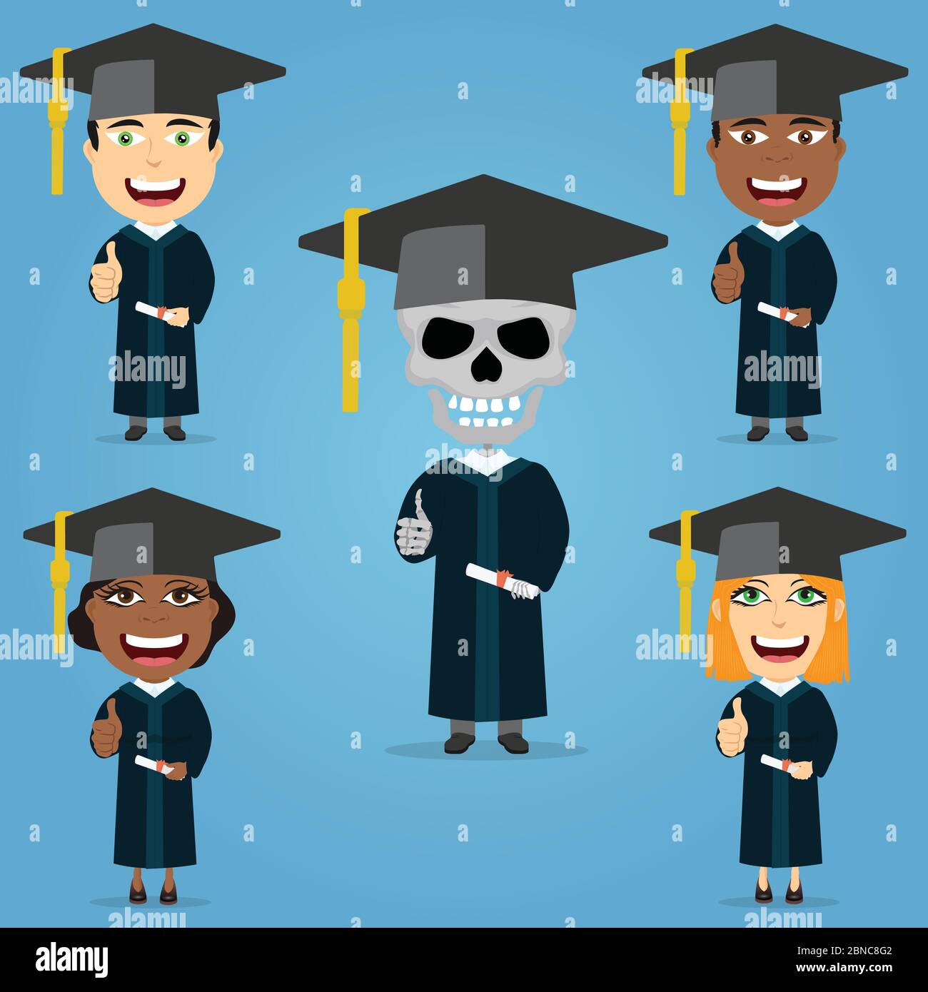 Set graduate student smiling holding diploma thumbs up black and white ...