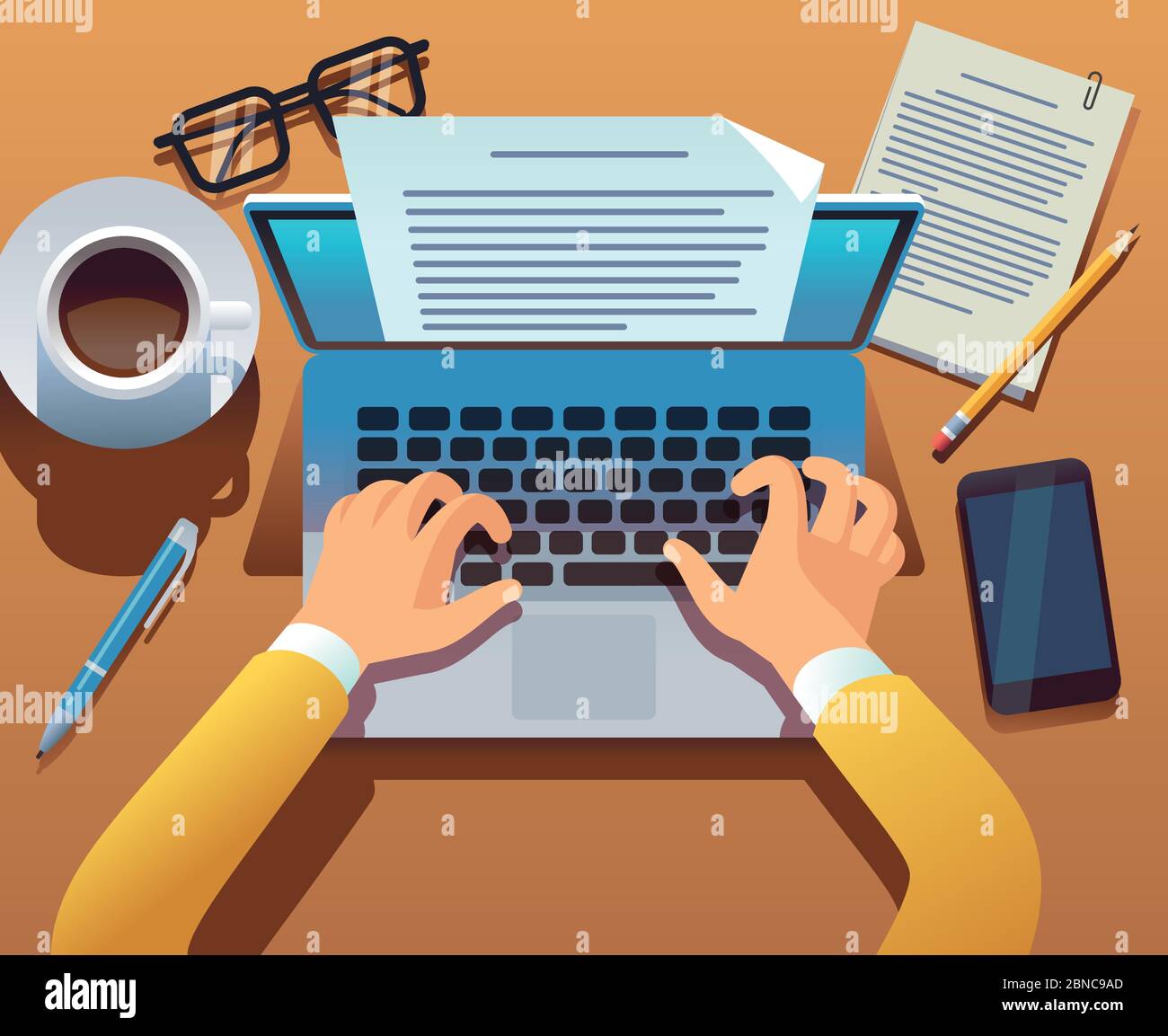 Writer writes document. Journalist create storytelling with laptop ...