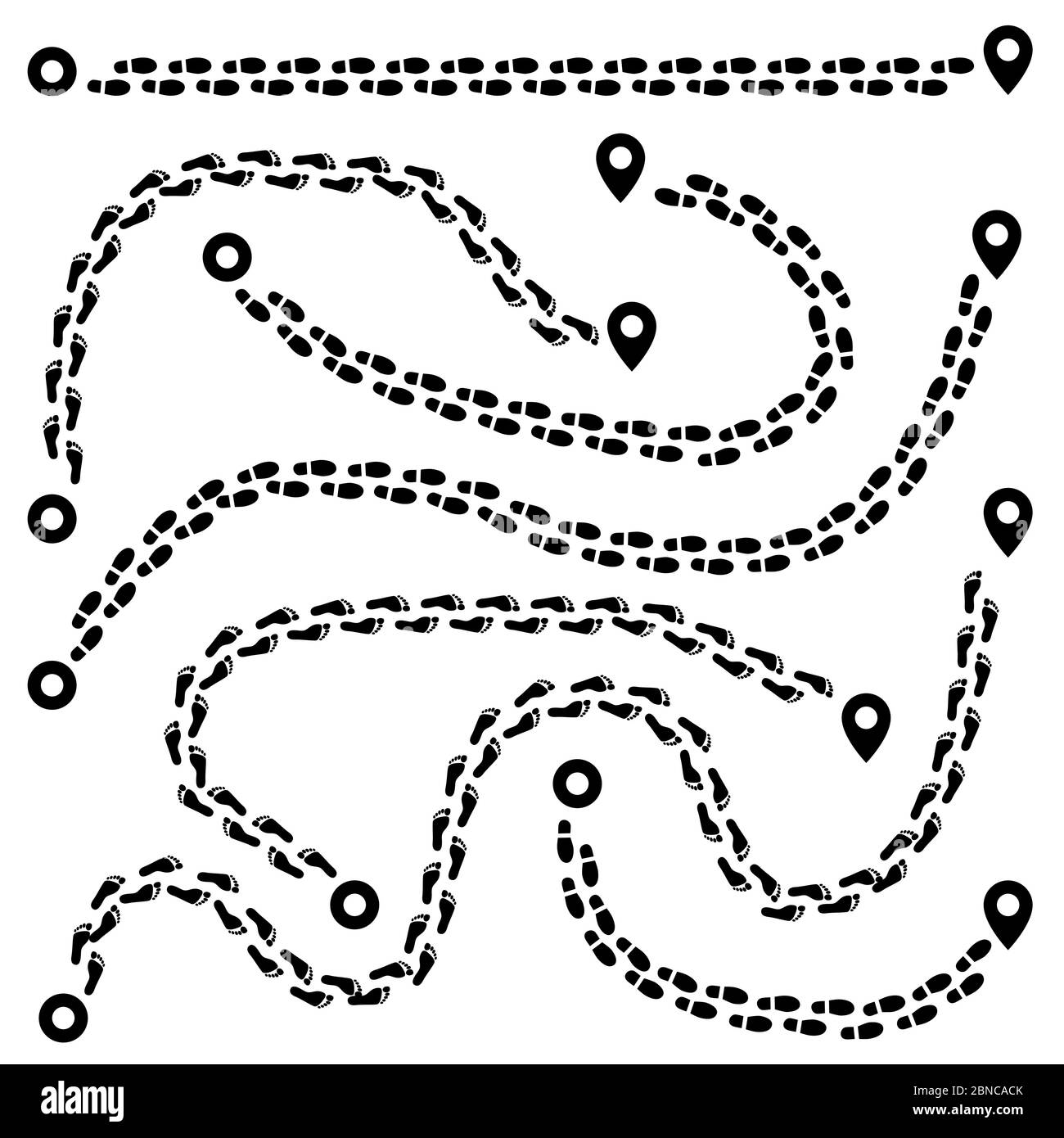 Footprint trails. Footsteps walking track with location pins. Foot ...