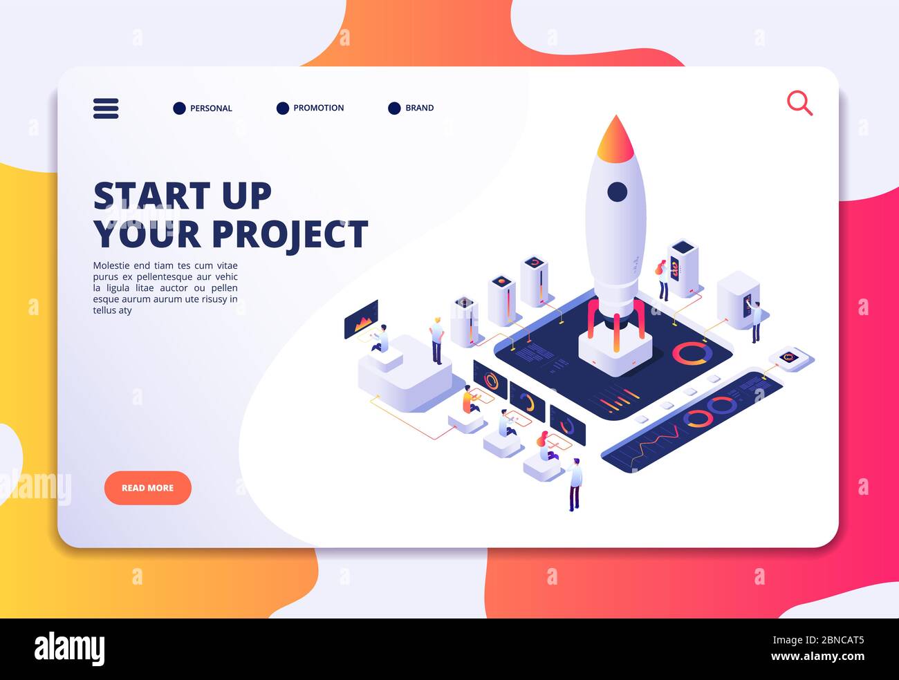 Startup landing page. Successful project launch, isometric rocket ...