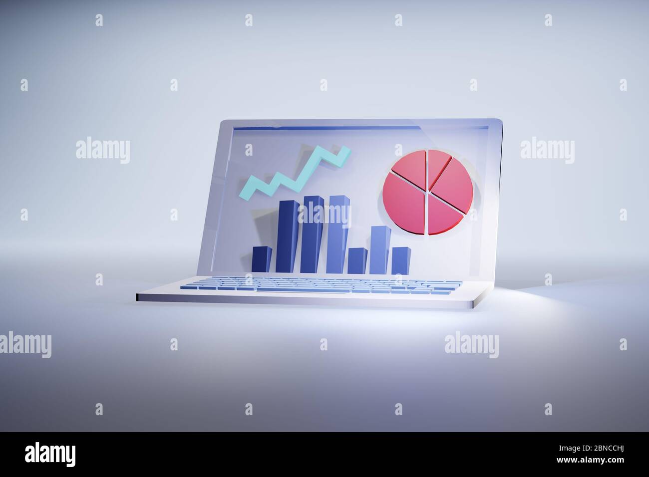 Laptop statistics 3D illustration: Screen with financial or marketing ...