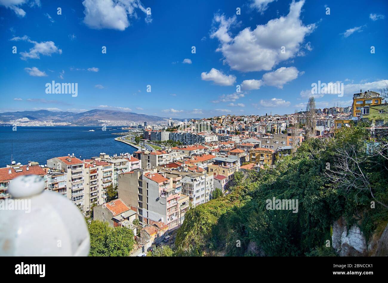 Panoramic view of the seaside city Izmir in Turkey against a blue sky ...