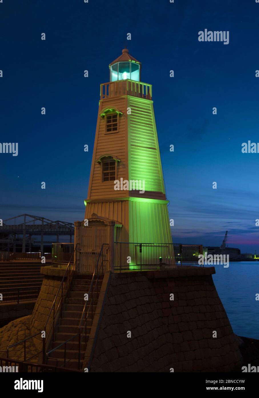 Old Sakai lighthouse in Sakai in Osaka is lit up in green on May 14 ...