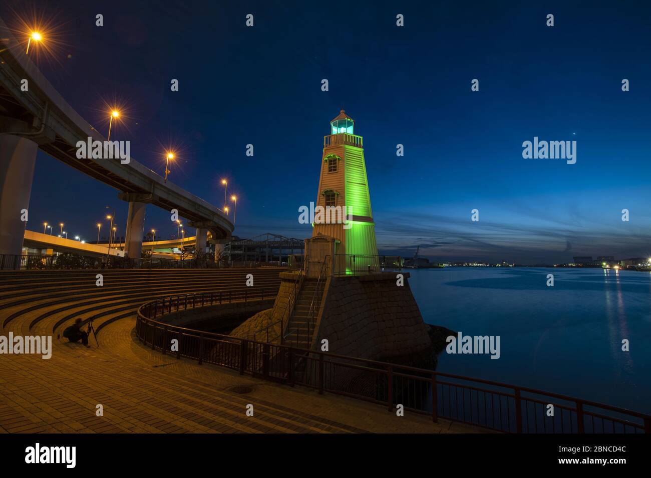 Old Sakai lighthouse in Sakai in Osaka is lit up in green on May 14 ...