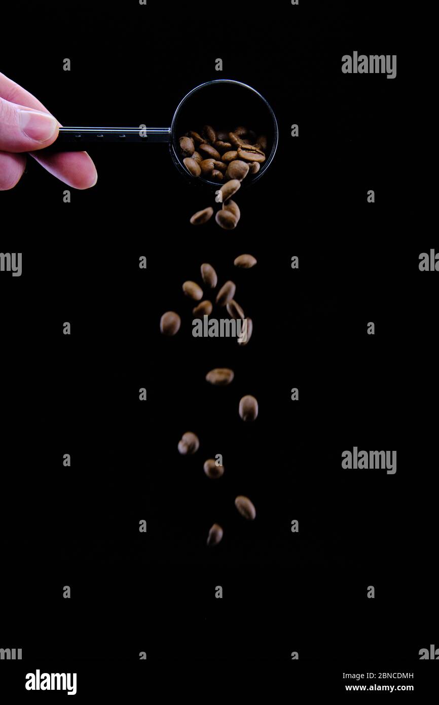 Vertical shot of coffee beans dropping from a coffee scoop isolated on ...