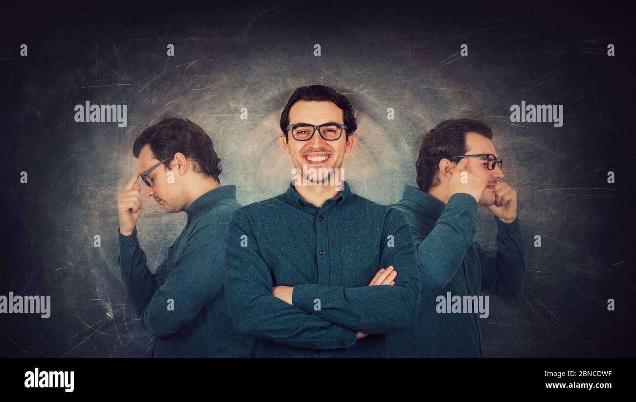 Contented man well hiding his inner personality. Guy suffers split ...