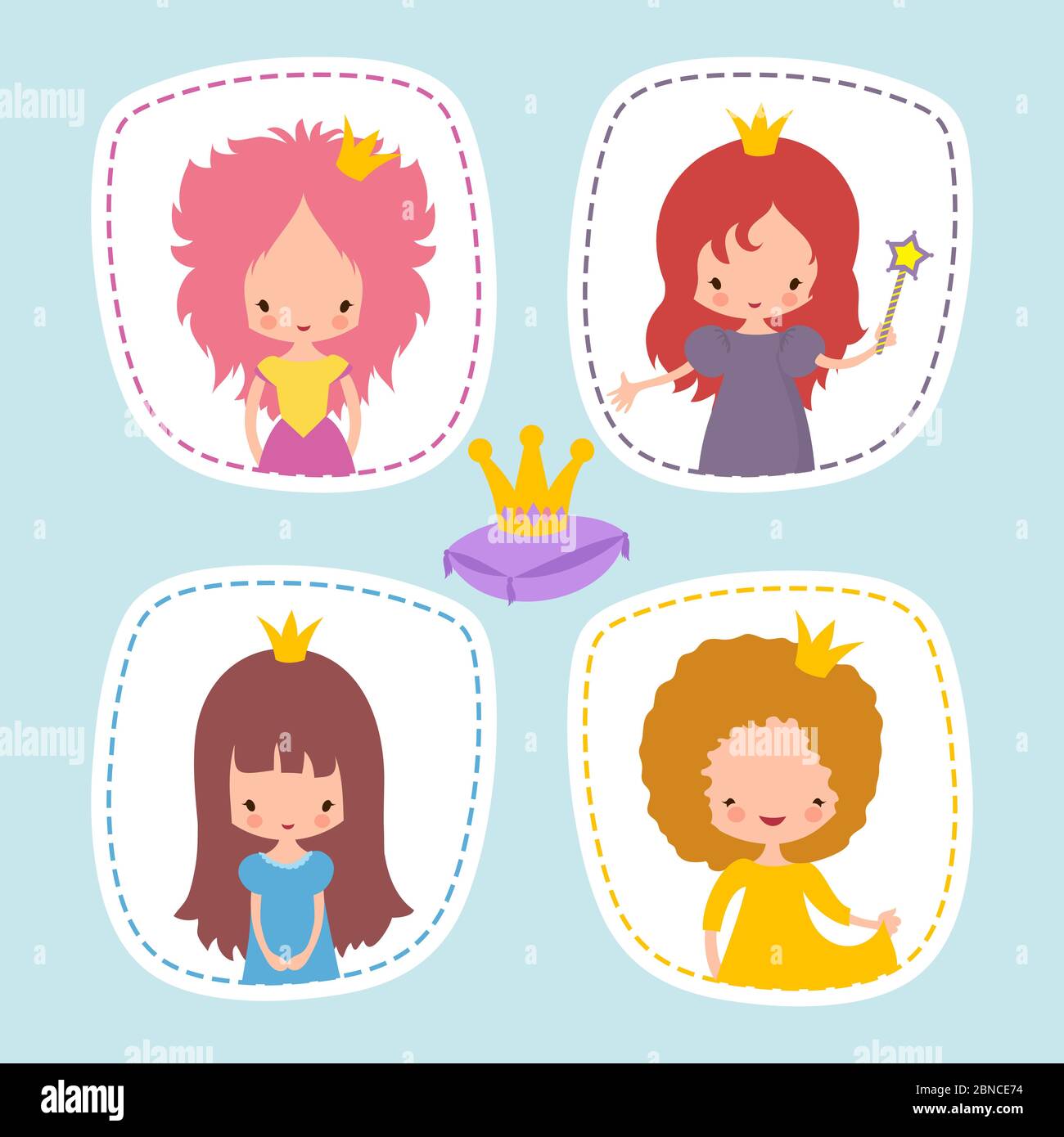 Cute little princess stikers or avatars vector set. Illustration of ...