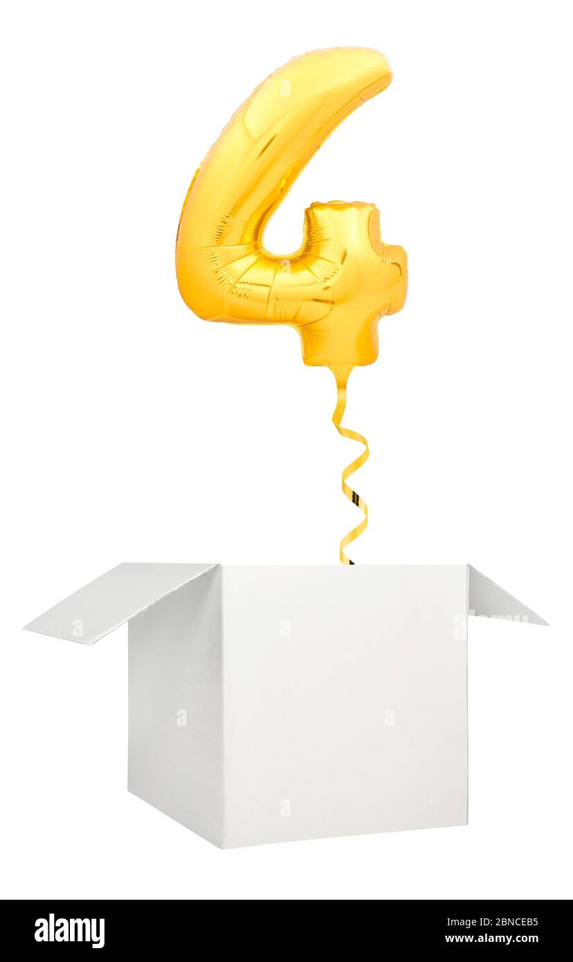 Golden number four balloon flying out of blank white box isolated on ...