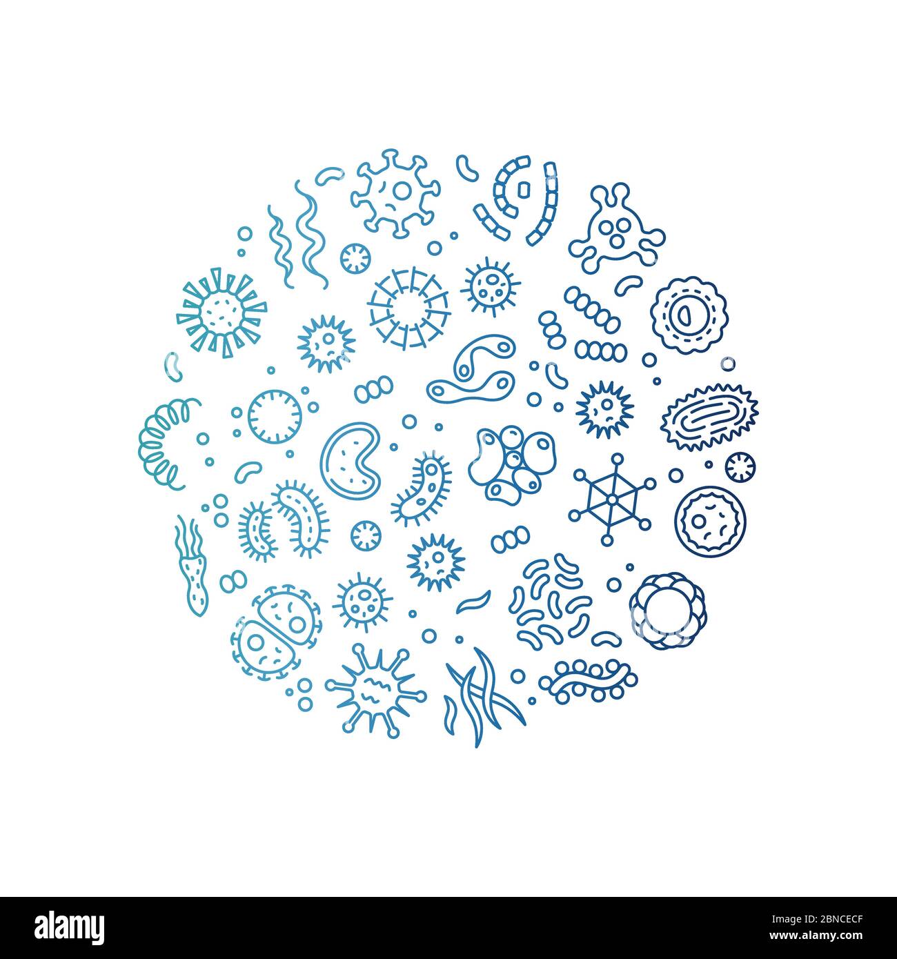 Microbes, viruses, bacteria, microorganism cells and primitive organism colorful line vector ...