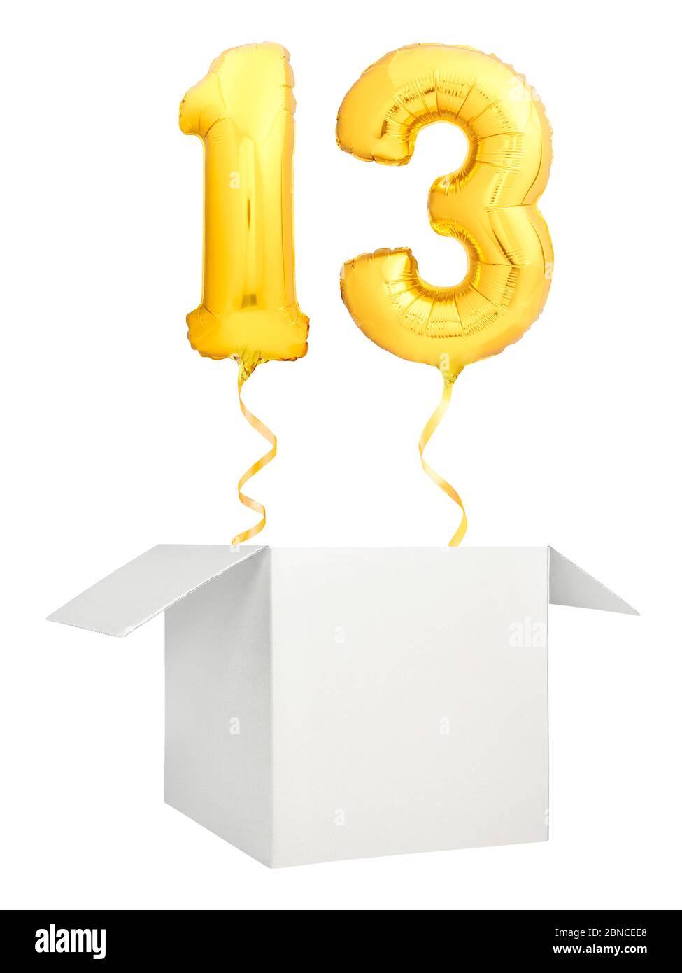 Golden number thirteen balloon flying out of blank white box isolated ...