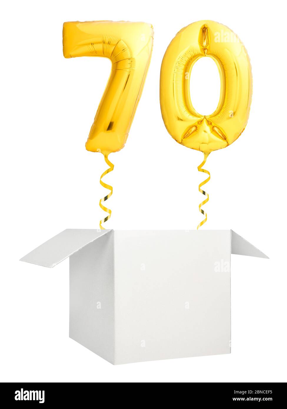 Golden number seventy balloon flying out of blank white box isolated on ...