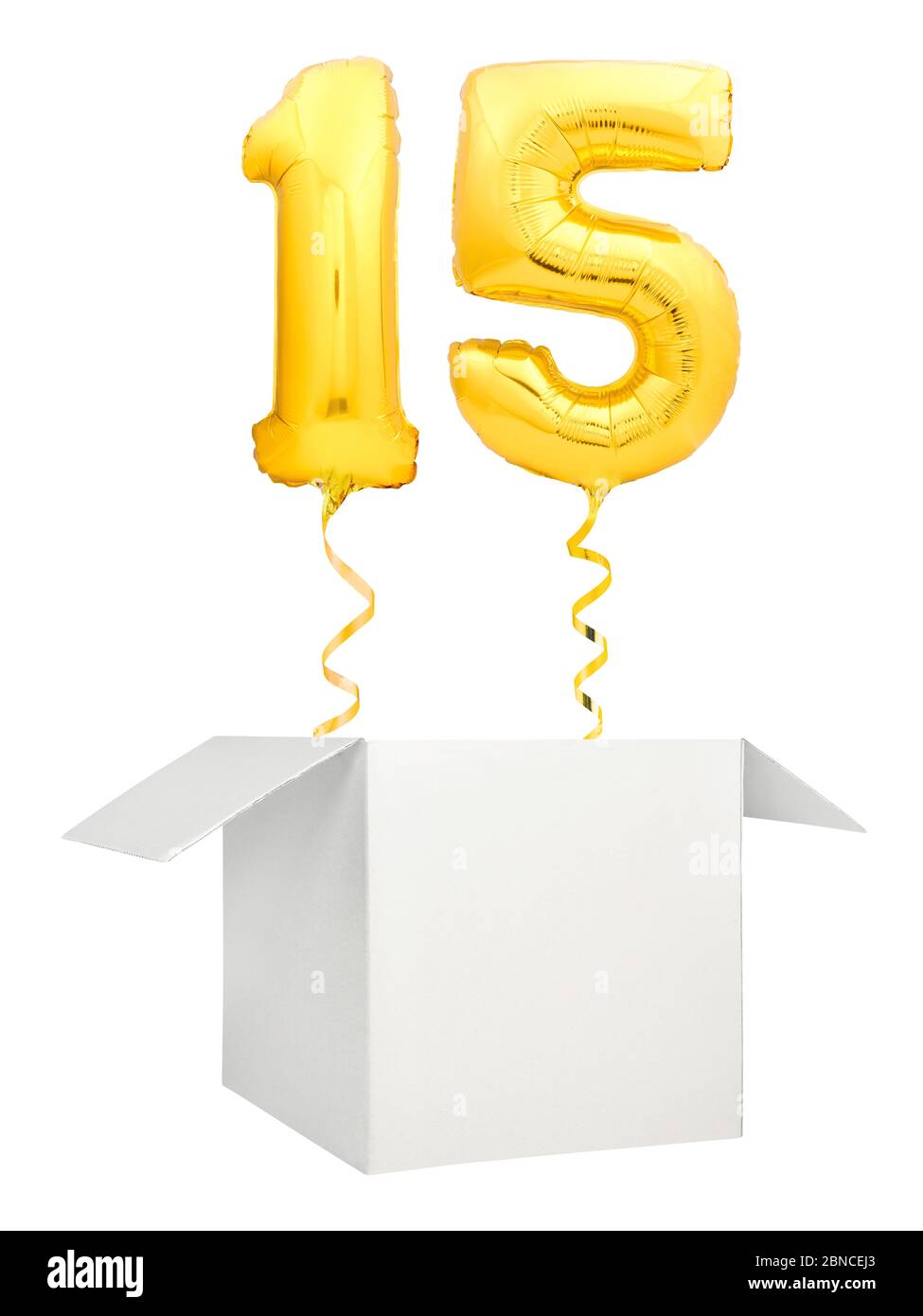 Golden number fifteen balloon flying out of blank white box isolated on ...