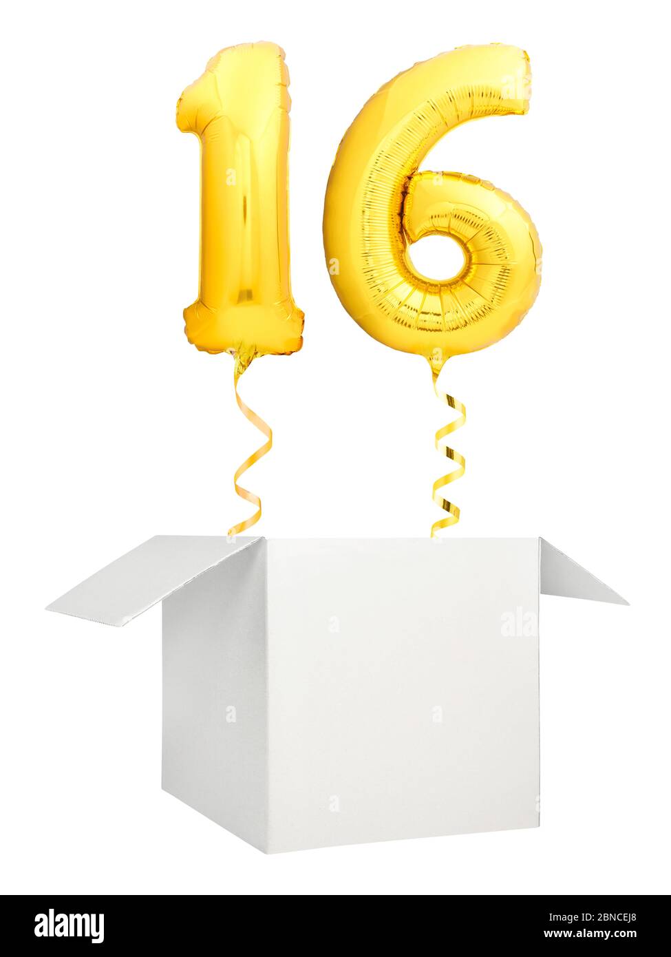Golden number sixteen balloon flying out of blank white box isolated on ...