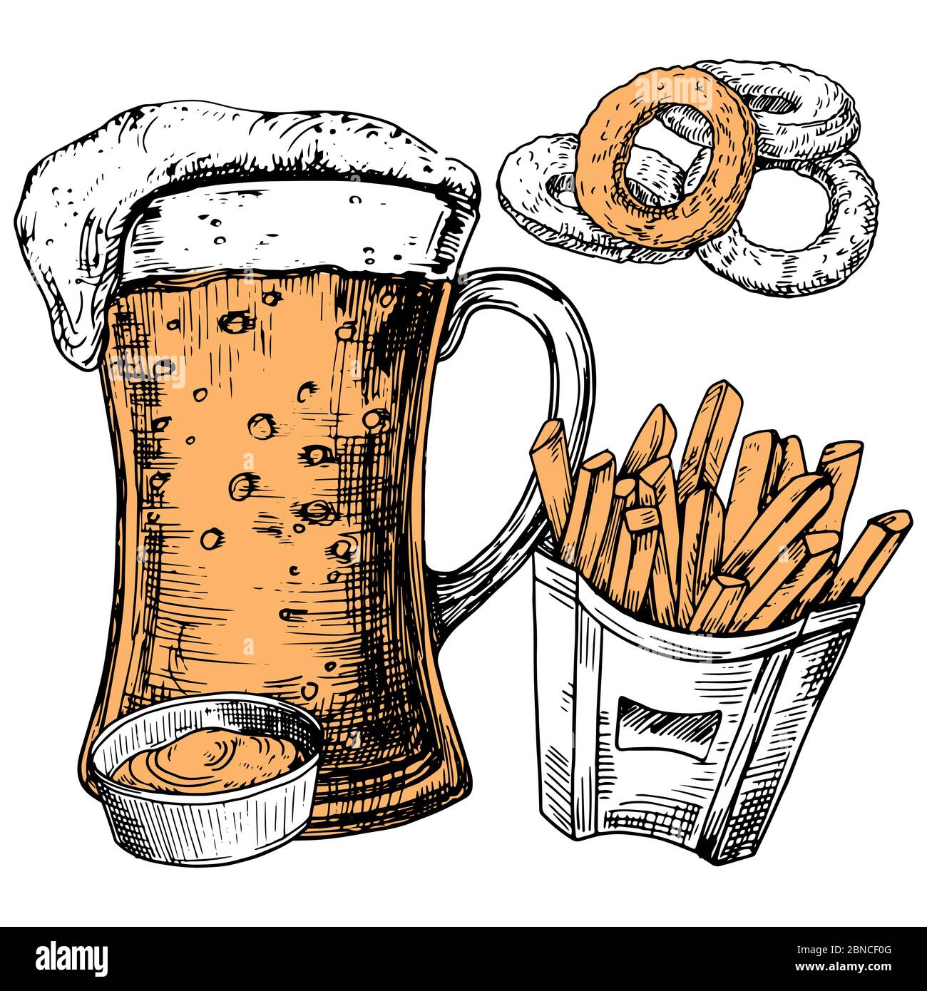 Hand drawn glass of beer and snacks vector illustration. Beer glass mug ...