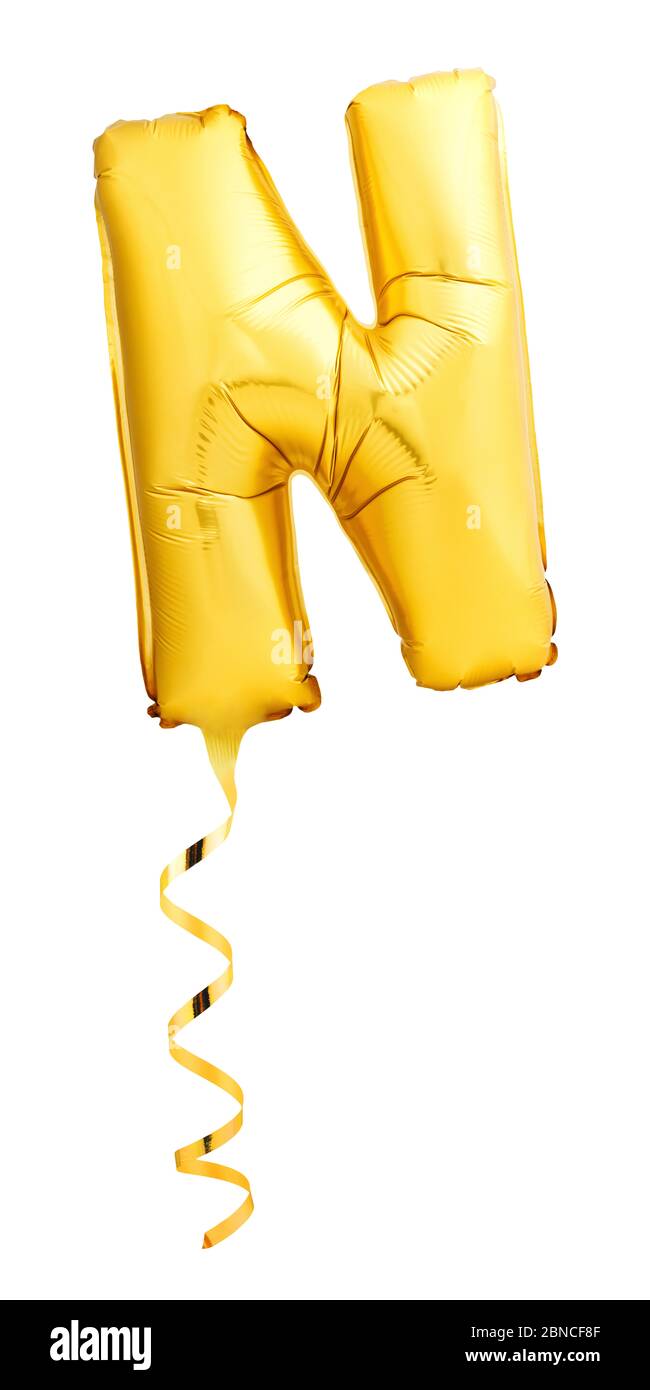 Golden letter N made of inflatable balloon with a string isolated on ...