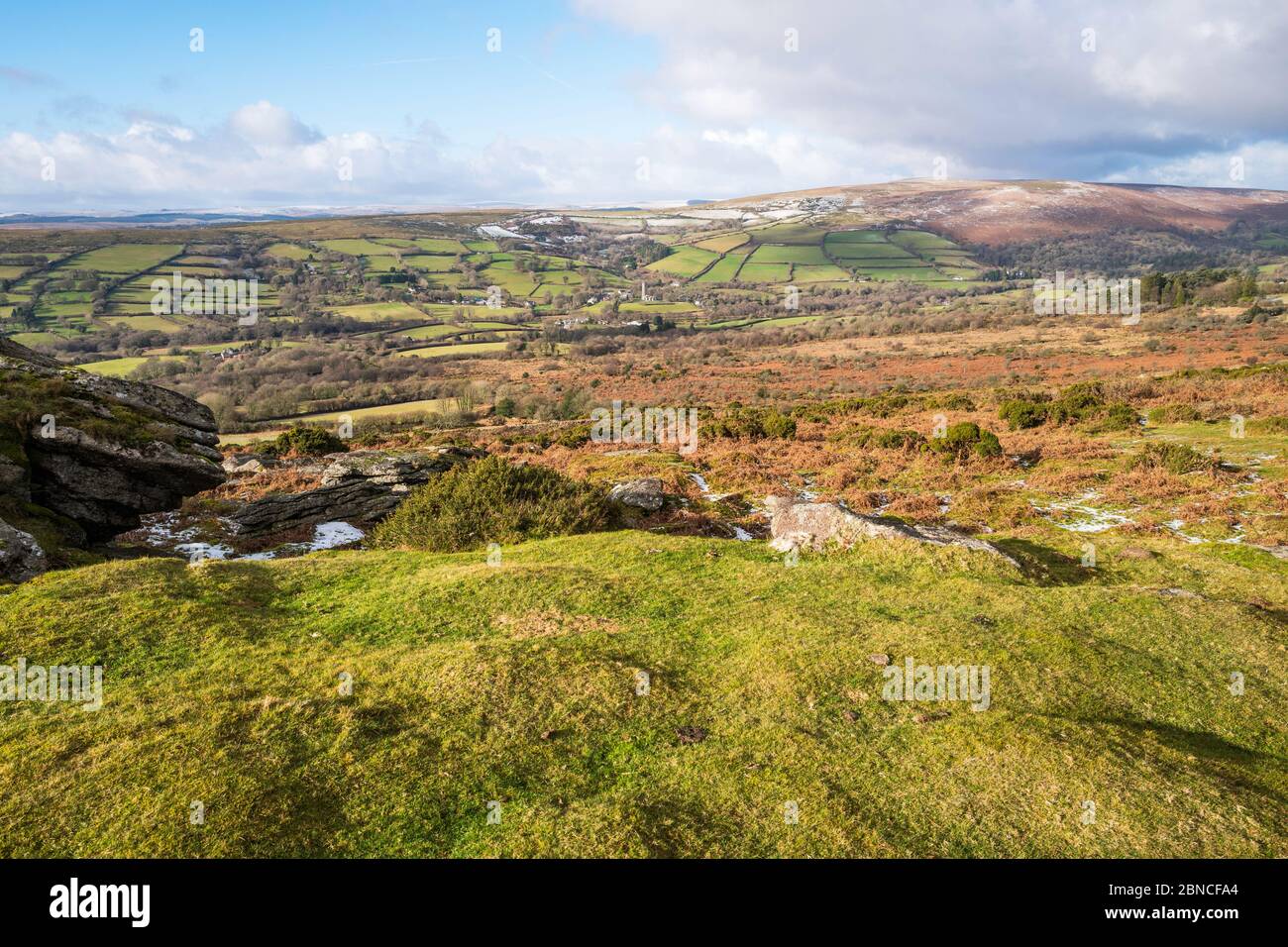 The village of Widecombe-in-the-Moor and Widecombe Vale, seen from ...