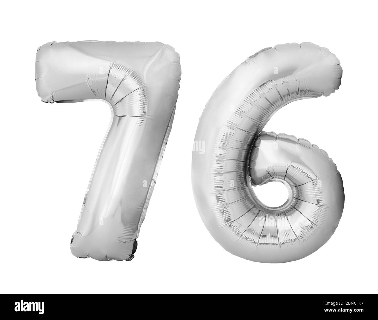 Number 76 seventy six of silver inflatable balloons isolated on white ...