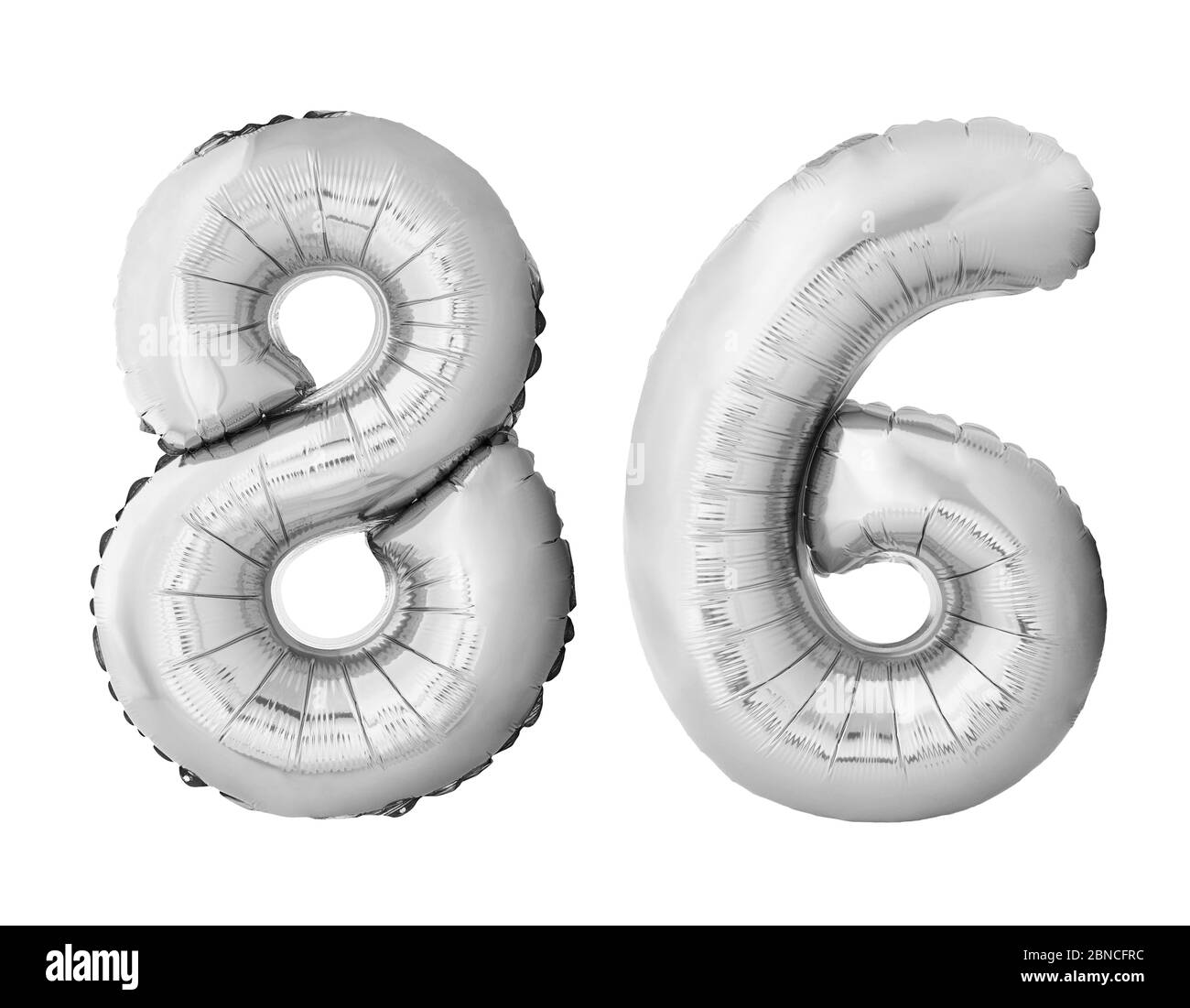 Number 86 eighty six of silver inflatable balloons isolated on white ...