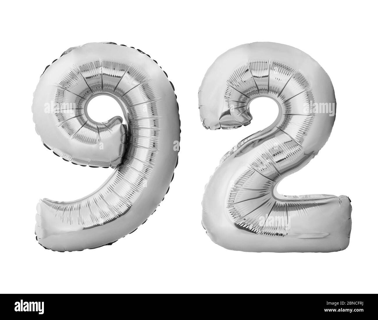 Number 92 ninety two made of silver inflatable balloons isolated on ...