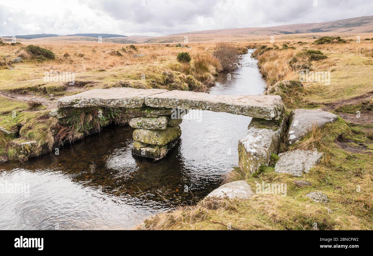 Clapper bridge with a single pier, over the North Teign River on ...