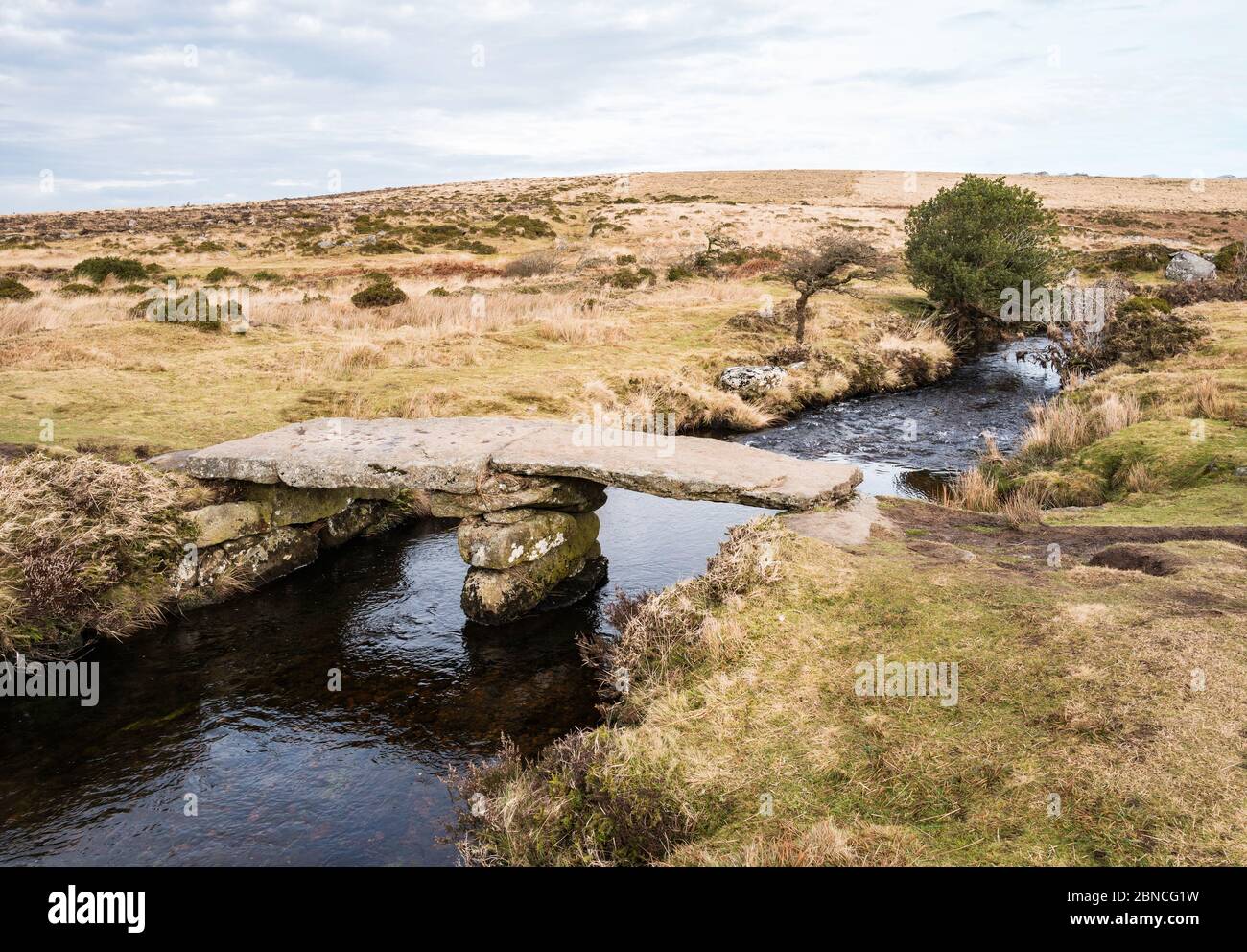 Clapper bridge with a single pier, over the North Teign River on ...